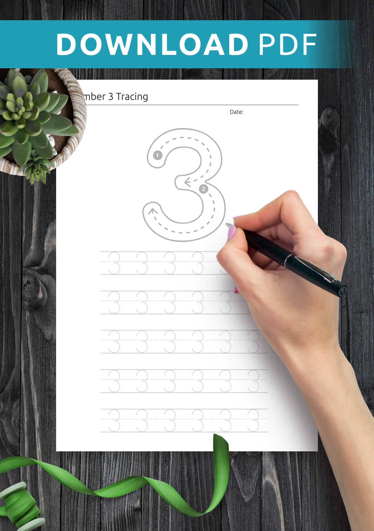 Download Traceable Number 3 for Kids Printable PDF