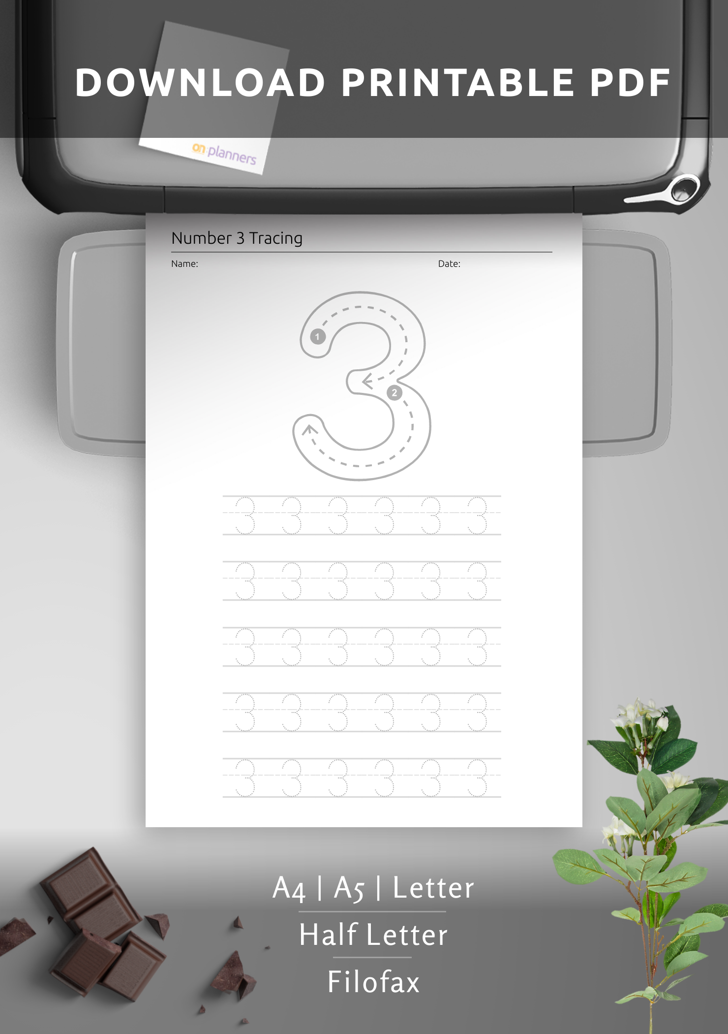 Download Traceable Number 3 for Kids Printable PDF