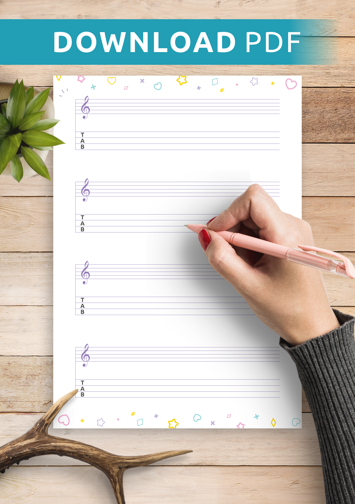 Download Single Staff: Treble + 4-String TAB – Printable Music Sheet
