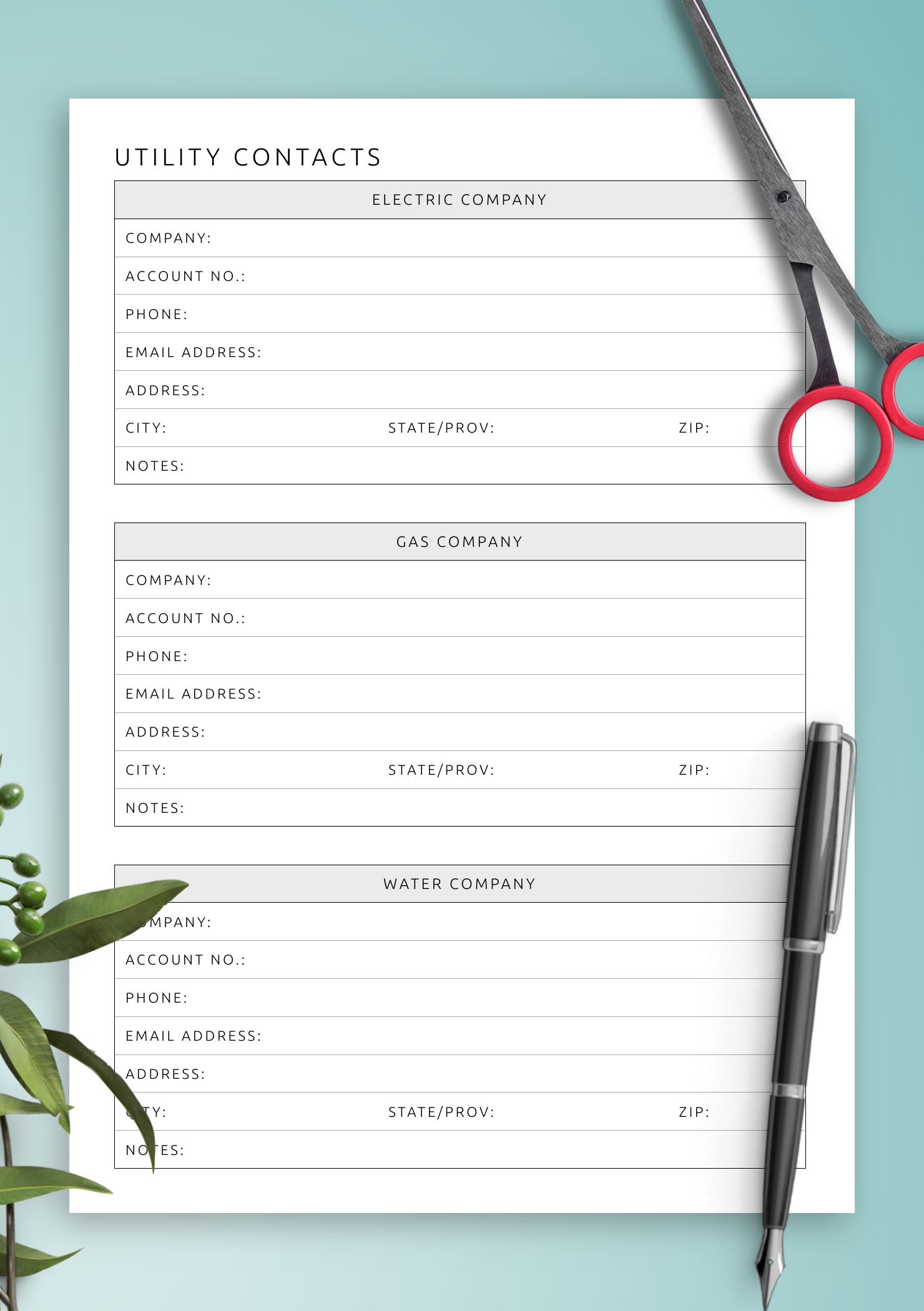Download Printable Utility Contacts Template PDF