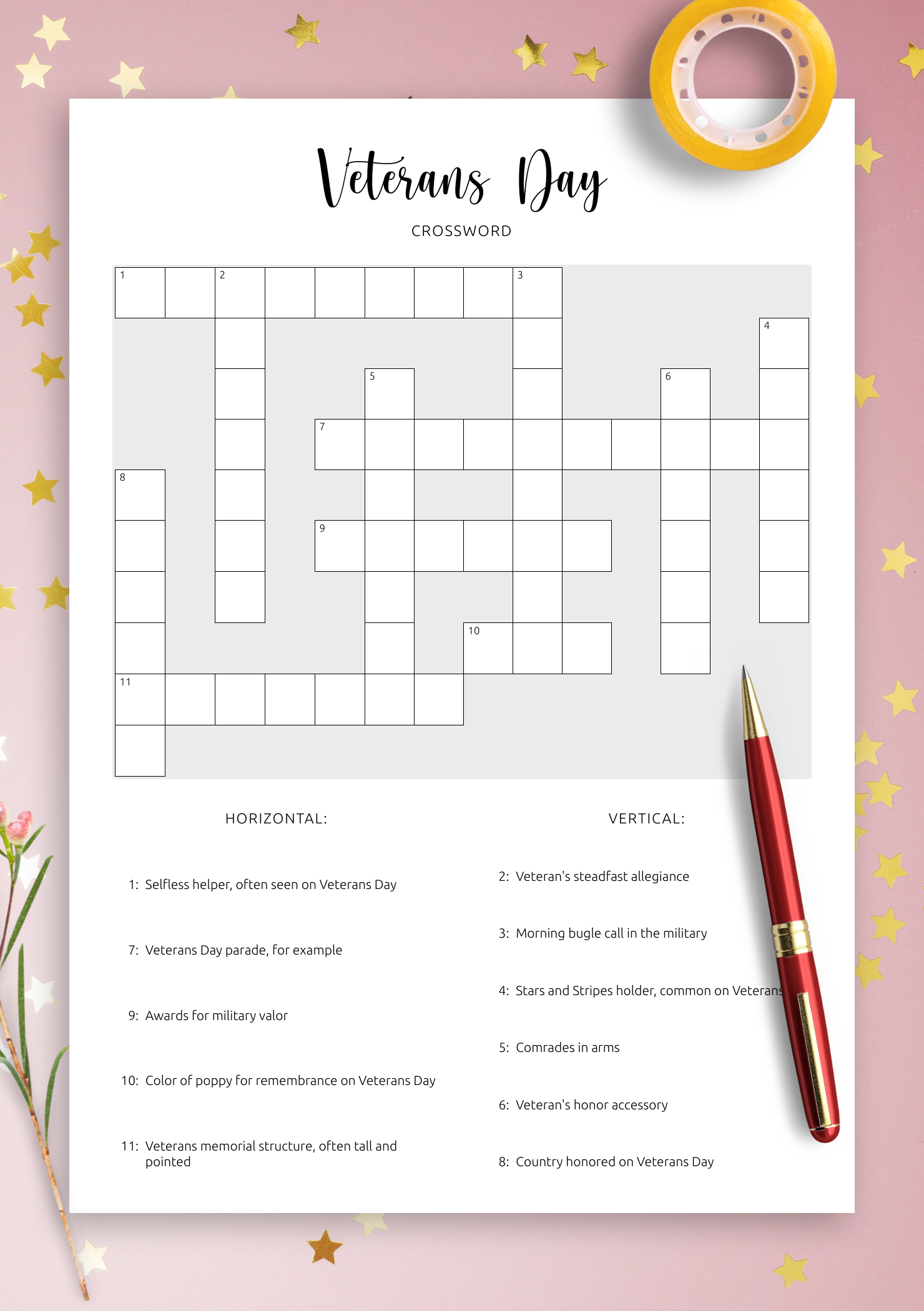 Download Printable Veterans Day Crossword PDF Puzzle – Salute to Service