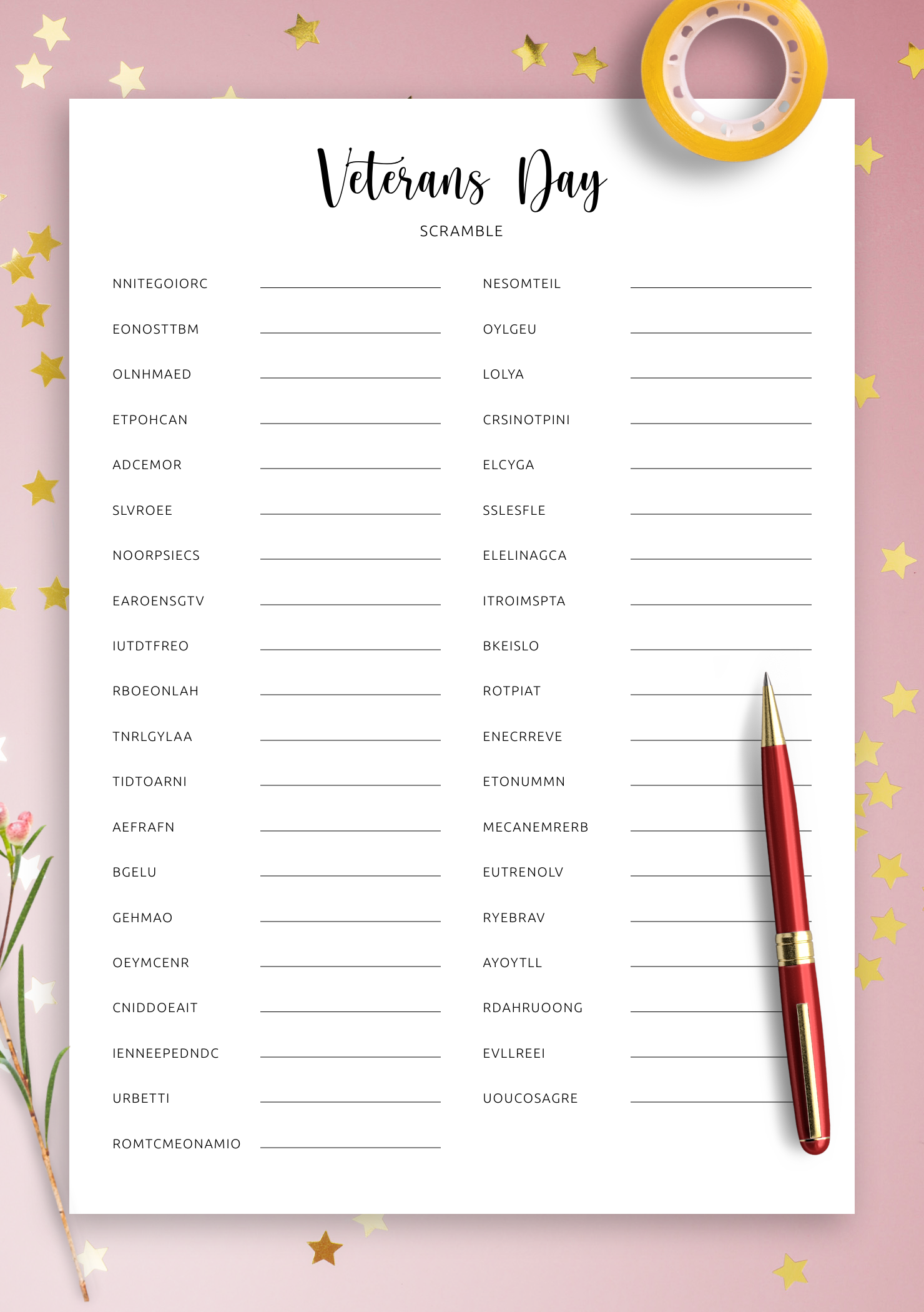 Download Printable Veterans Day Word Scramble PDF