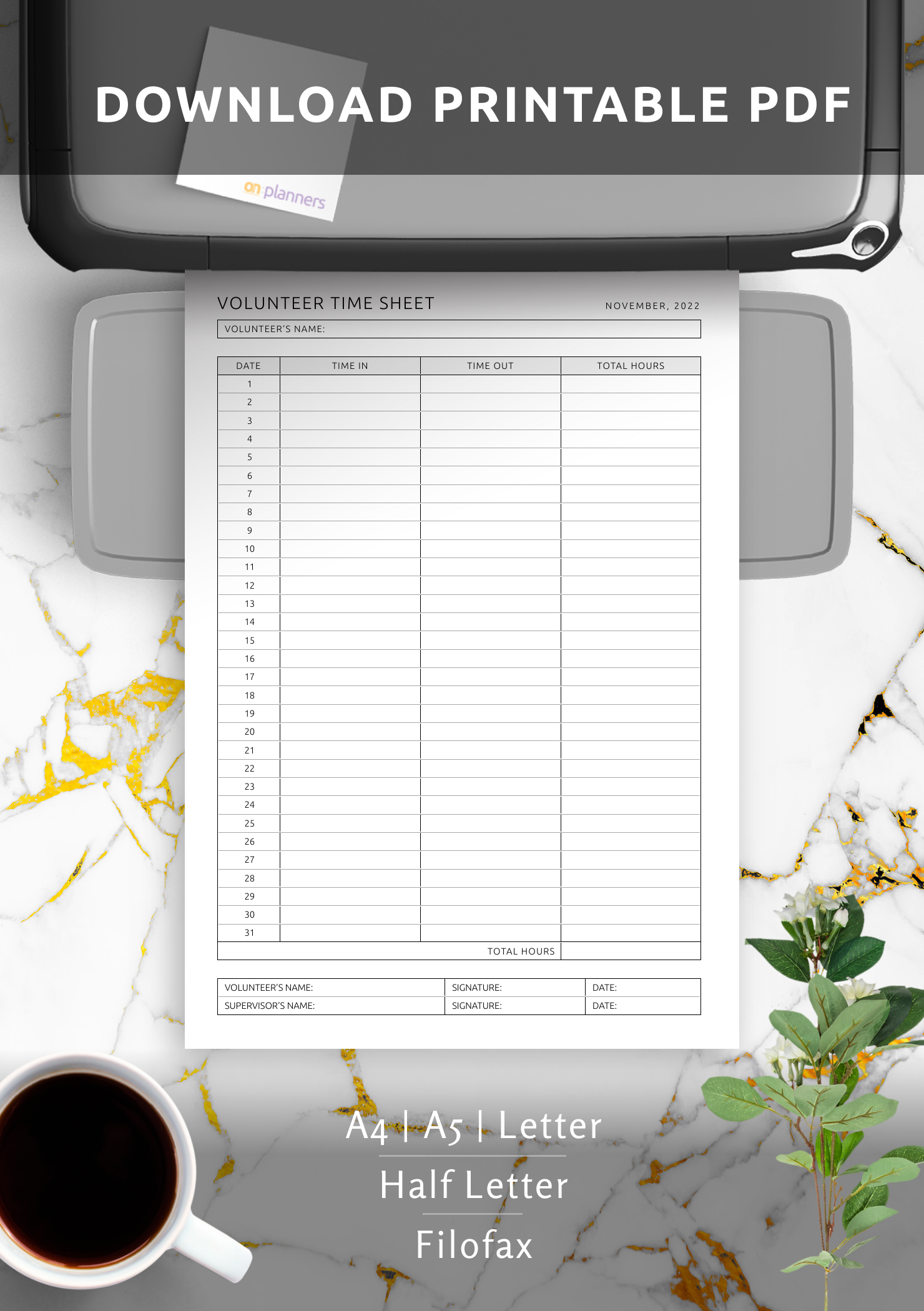 Download Printable Volunteer Time Sheet Template PDF