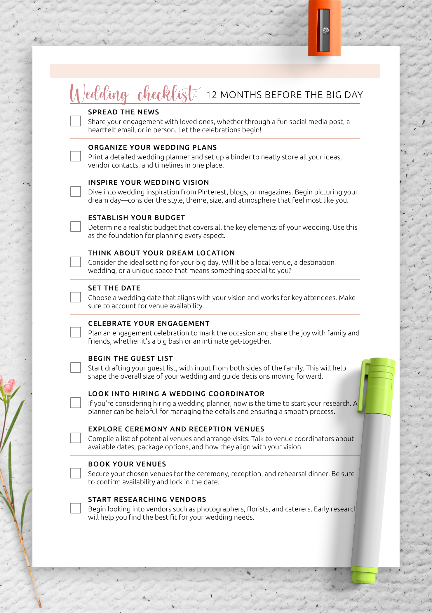 Download Printable Wedding Checklist: 12 Months Before the Big Day PDF