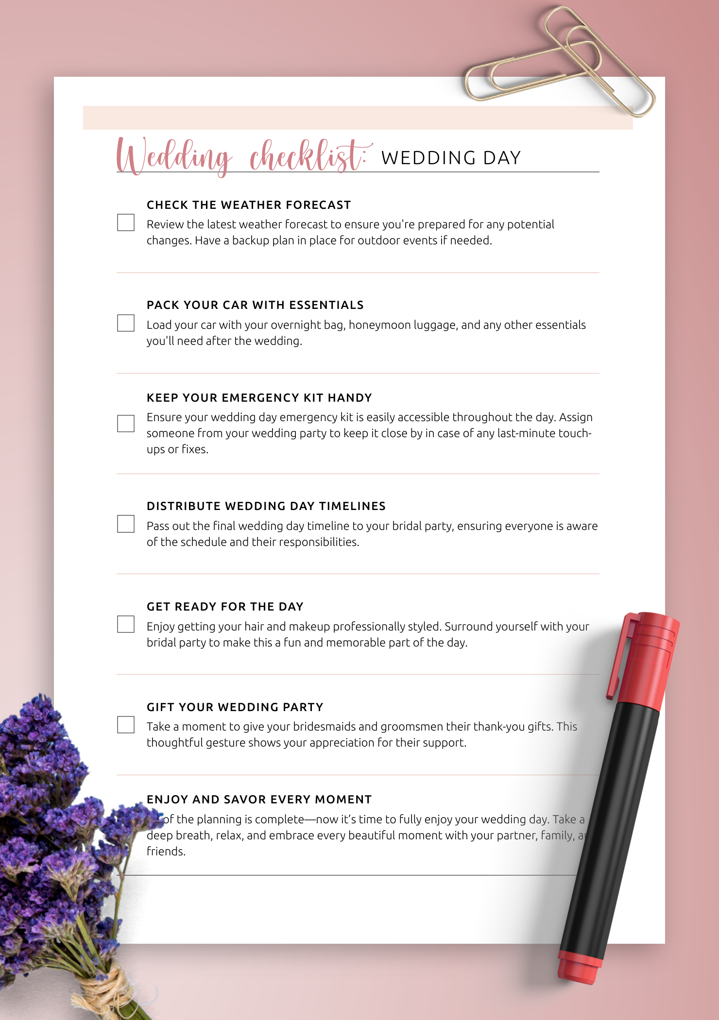 Download Printable Wedding Checklist: Wedding Day PDF