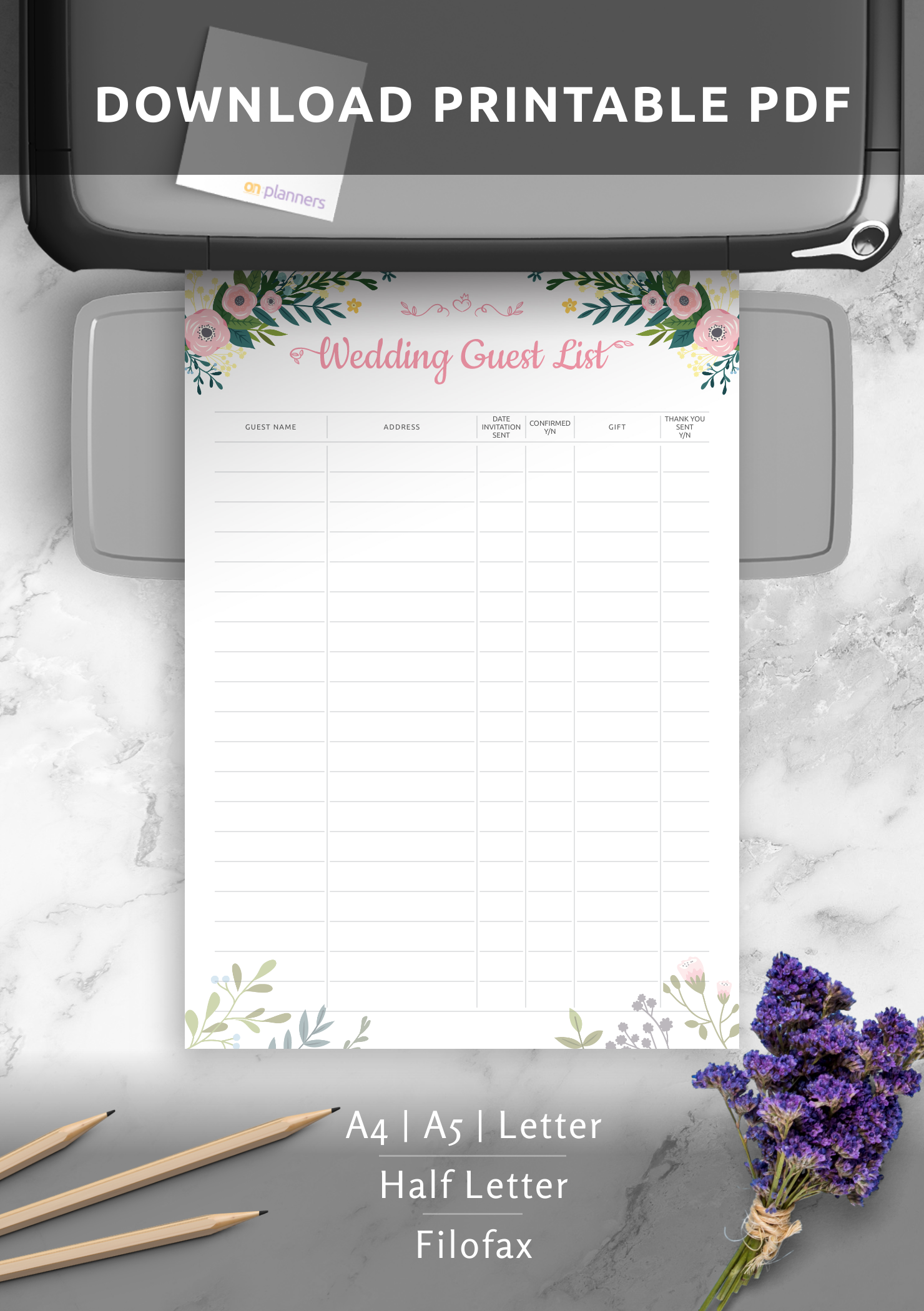 Download Printable Wedding Guest List Template with Floral Pattern PDF