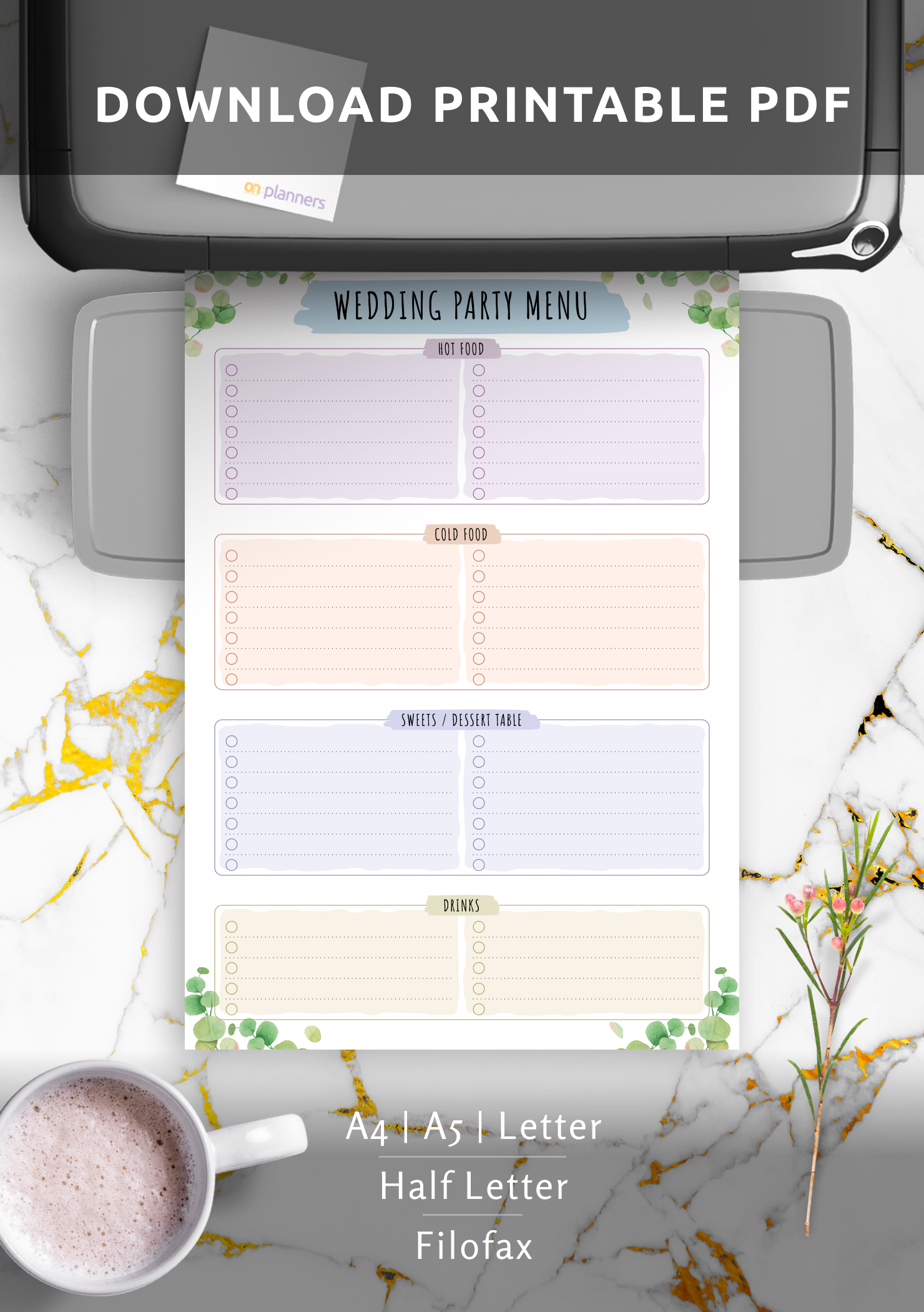 Download Printable Wedding Party Menu Template - Floral PDF