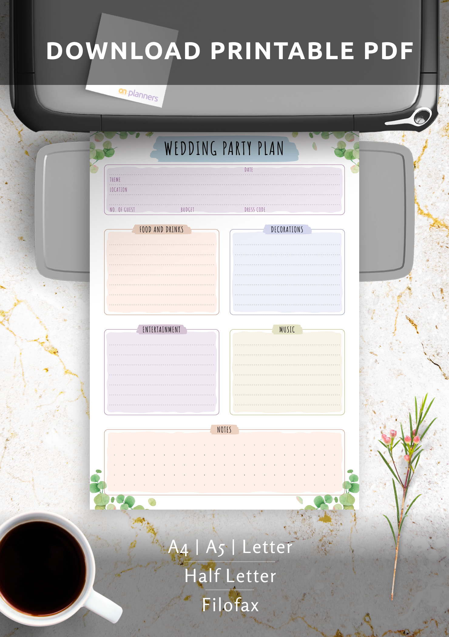 Download Printable Wedding Party Planner Template - Floral PDF