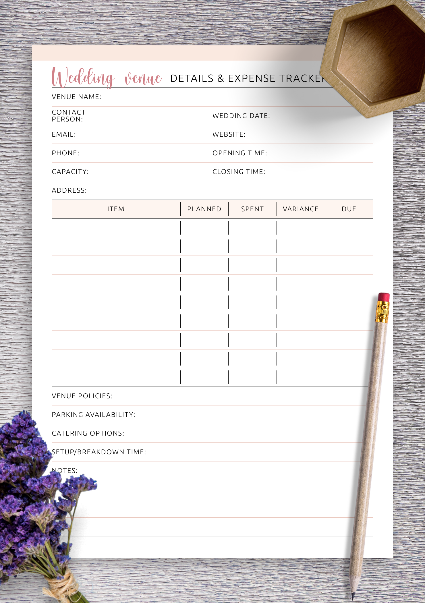 Download Printable Wedding Venue Details & Expense Tracker PDF