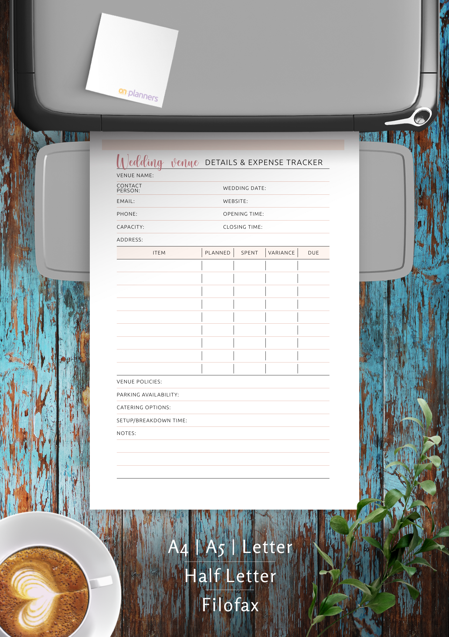 Download Printable Wedding Venue Details & Expense Tracker PDF