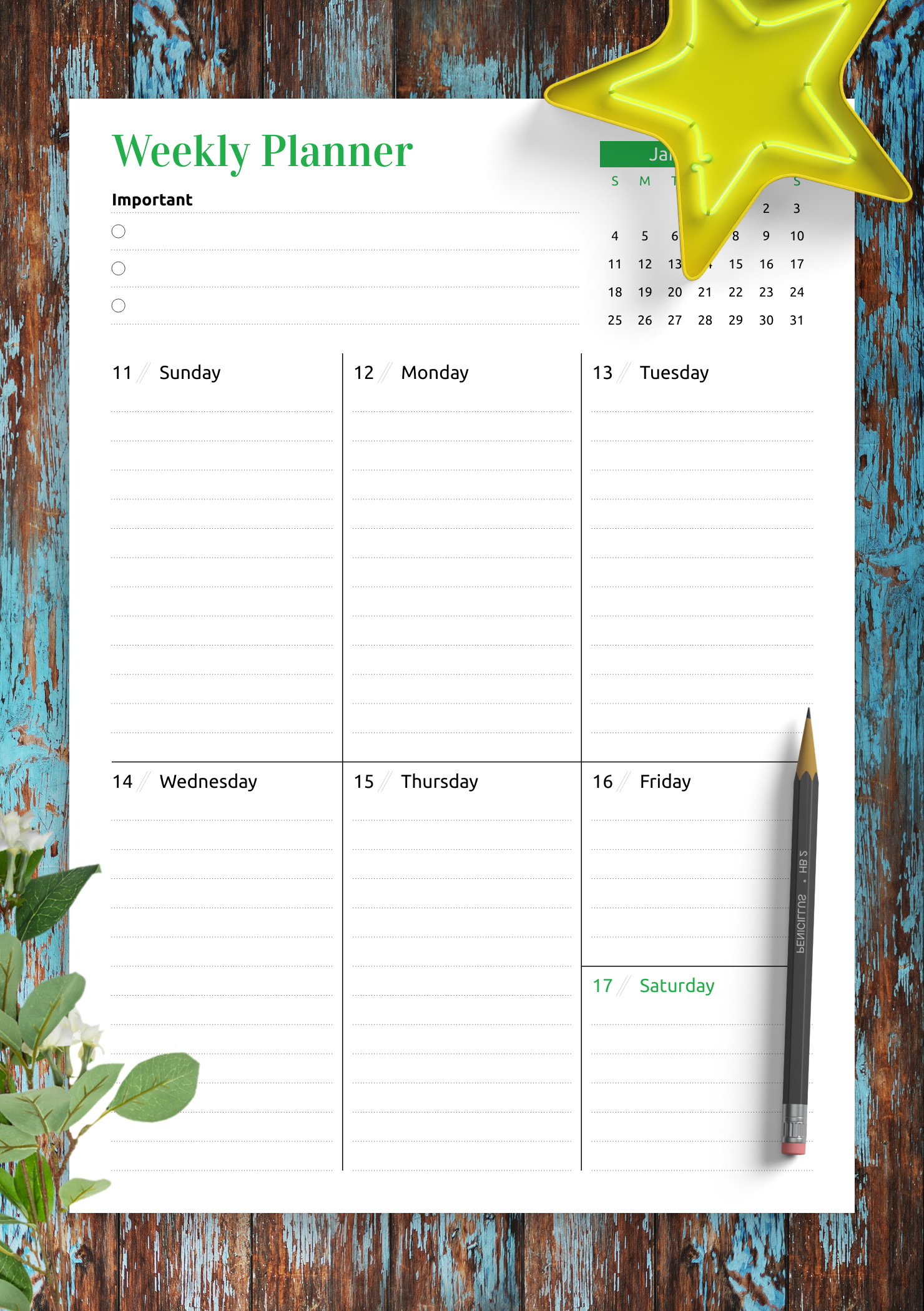 Download Printable Week at a Glance planner with calendar PDF