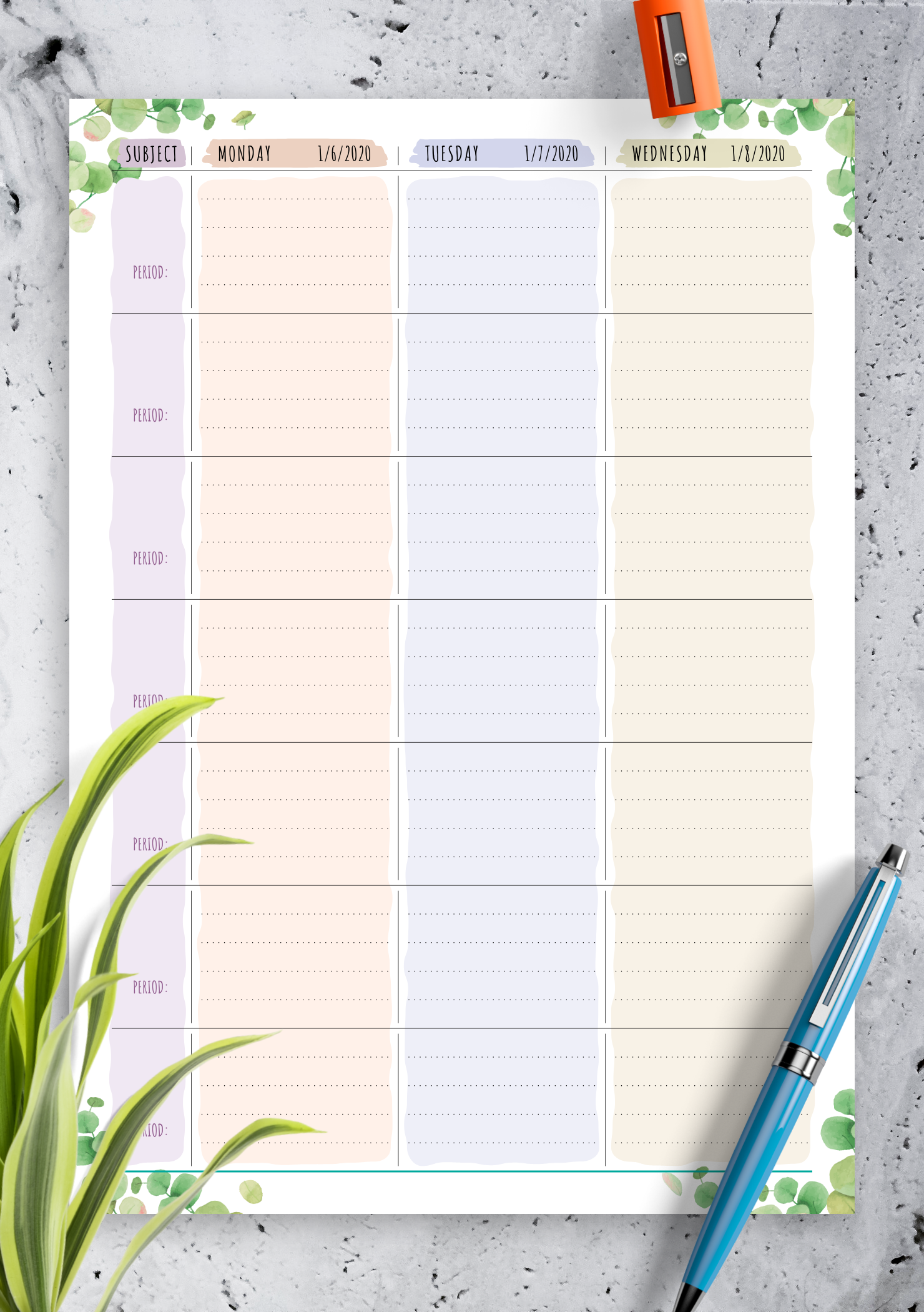 Download Printable Week Lesson Plan - Floral Style PDF