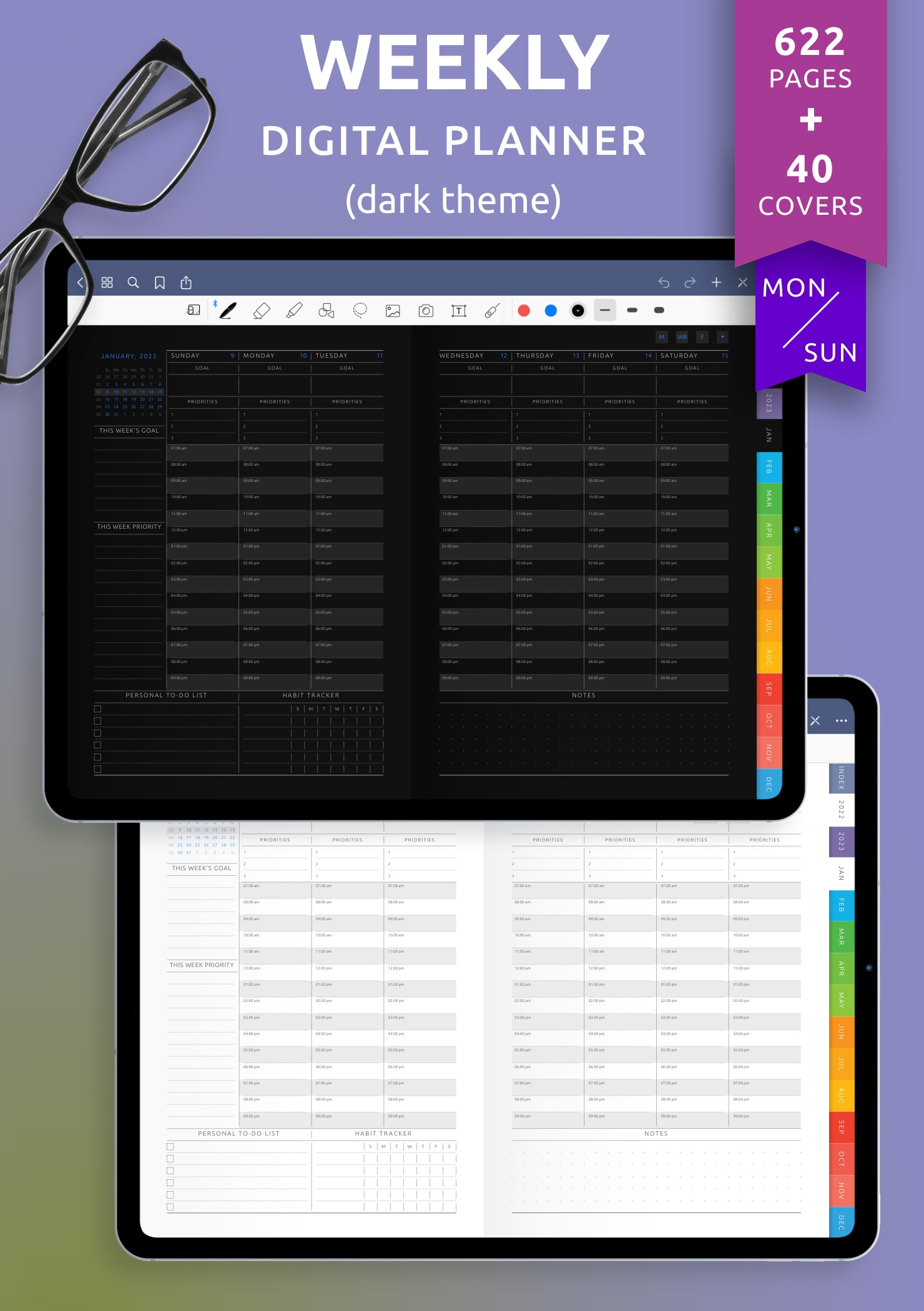 Download Weekly Digital Planner PDF for GoodNotes, iPad (Dark)
