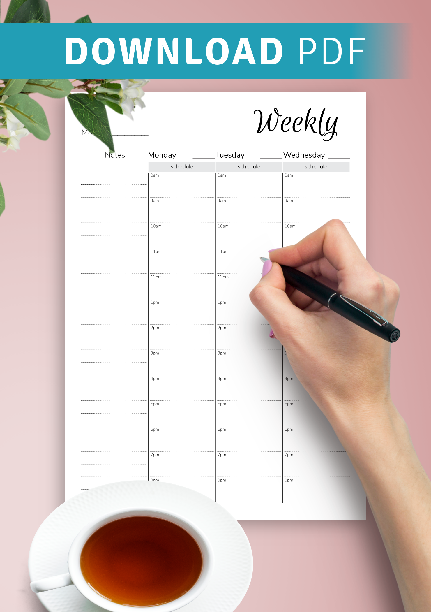 Download Printable Weekly hourly planner with notes section PDF