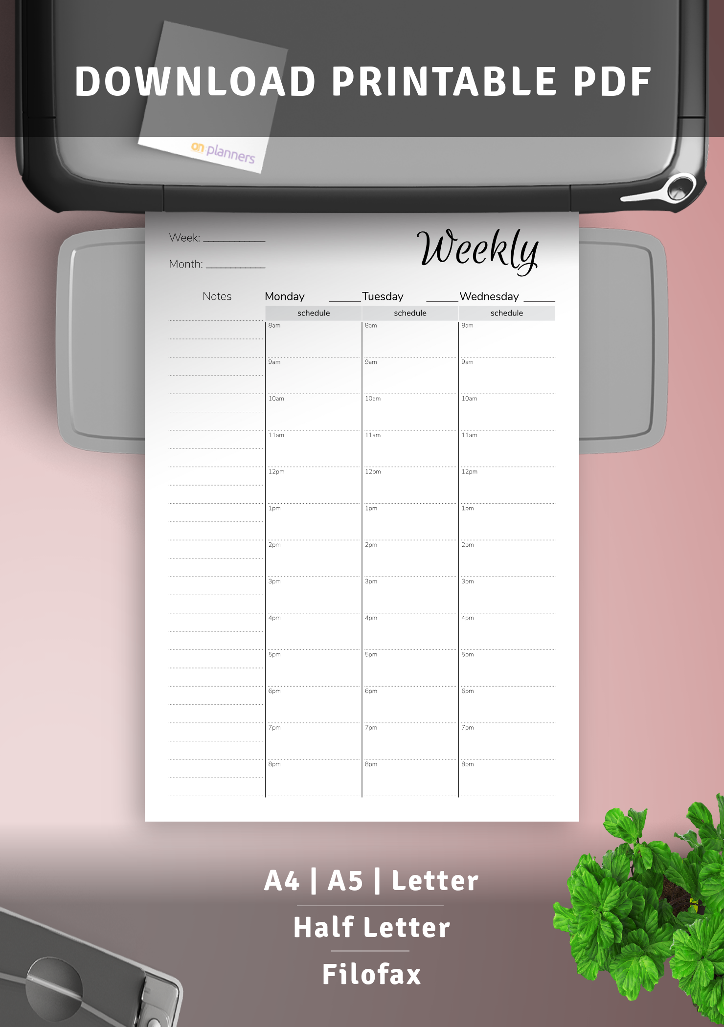Download Printable Weekly hourly planner with notes section PDF