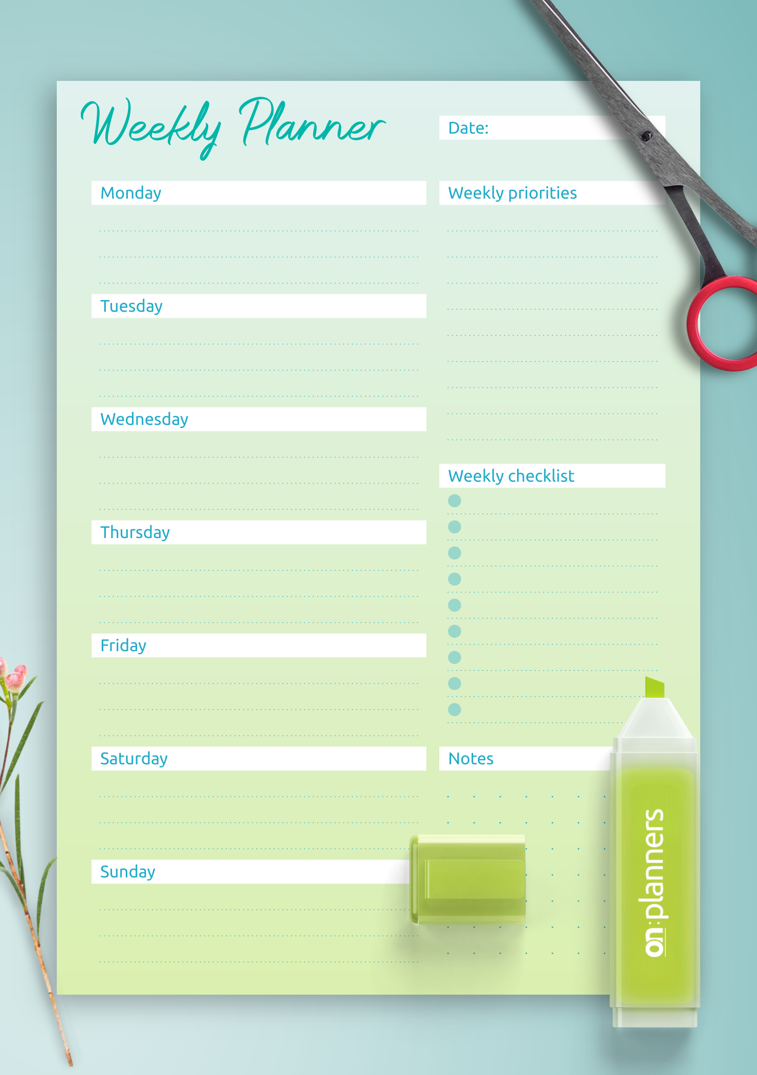 Download Printable Weekly Planner Template with Checklist PDF