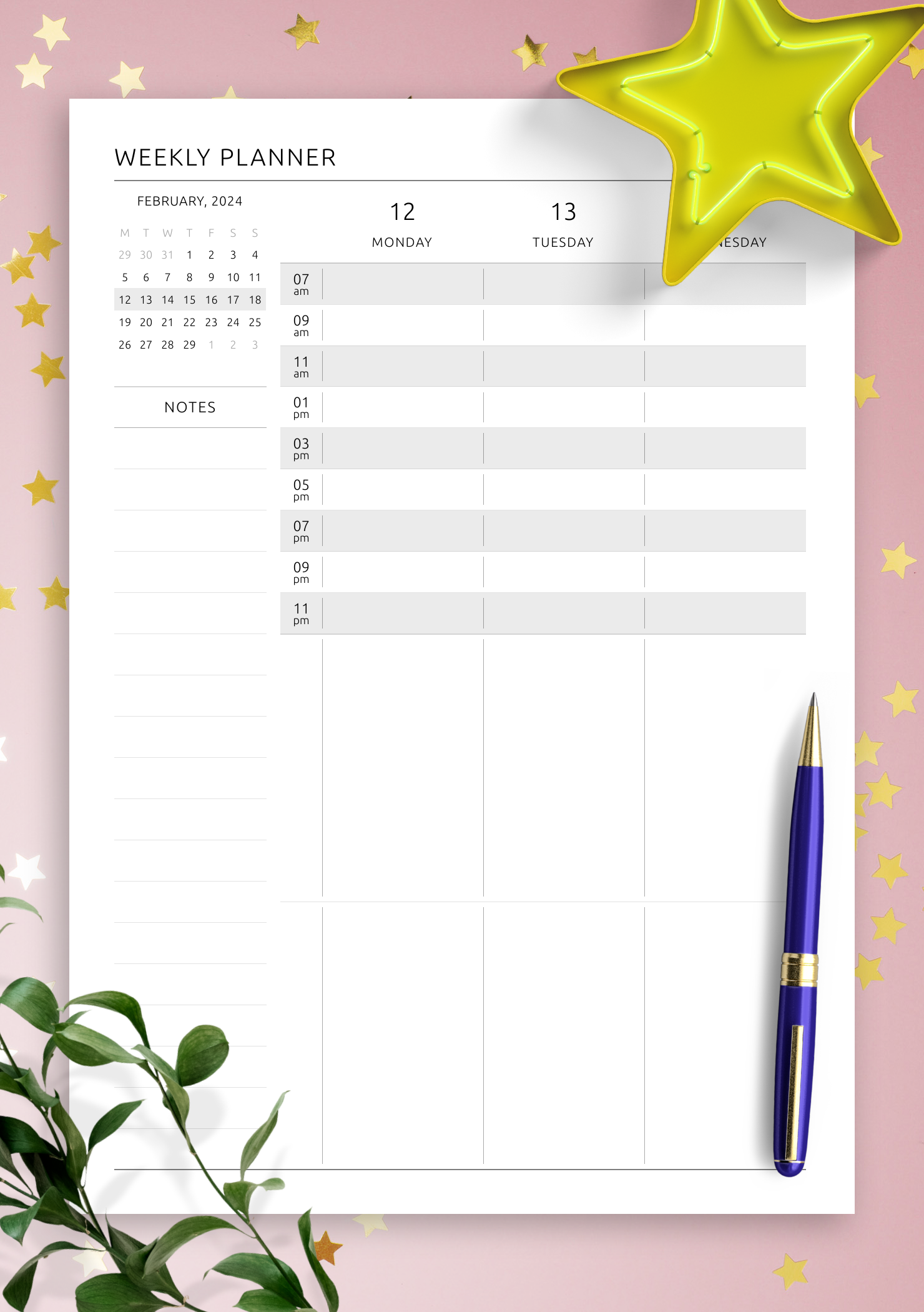 Download Printable Weekly Planner Template with Notes PDF