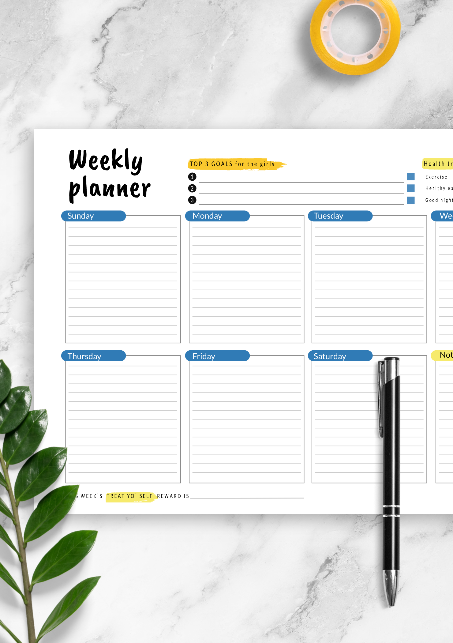 Download Printable Horizontal Weekly Time Planner Template PDF