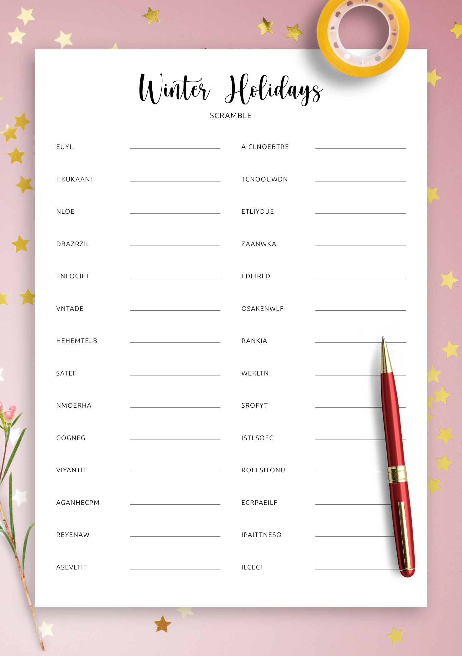 Download Printable Winter Holidays Word Scramble PDF