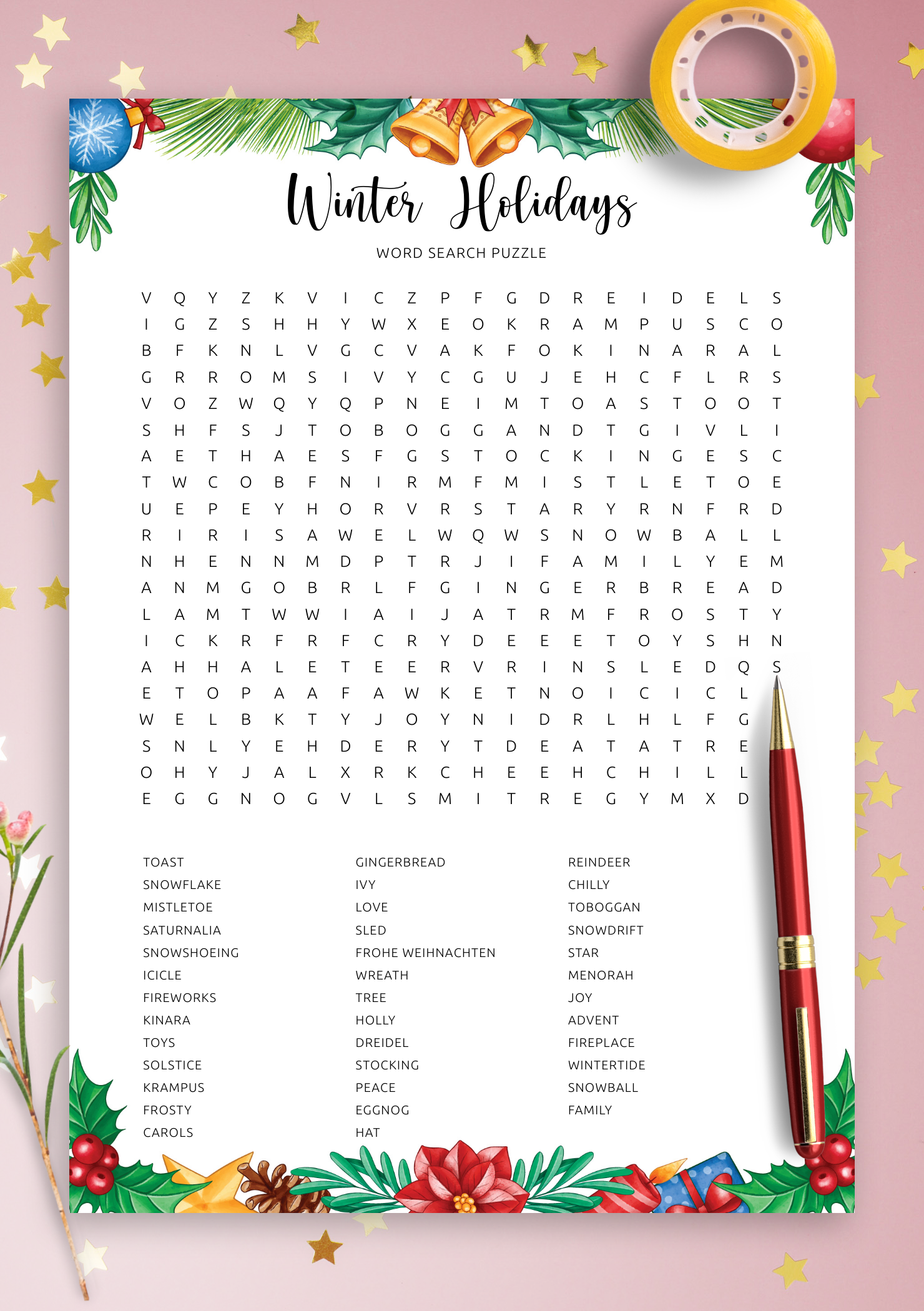 Download Printable Winter Holidays Word Search in PDF