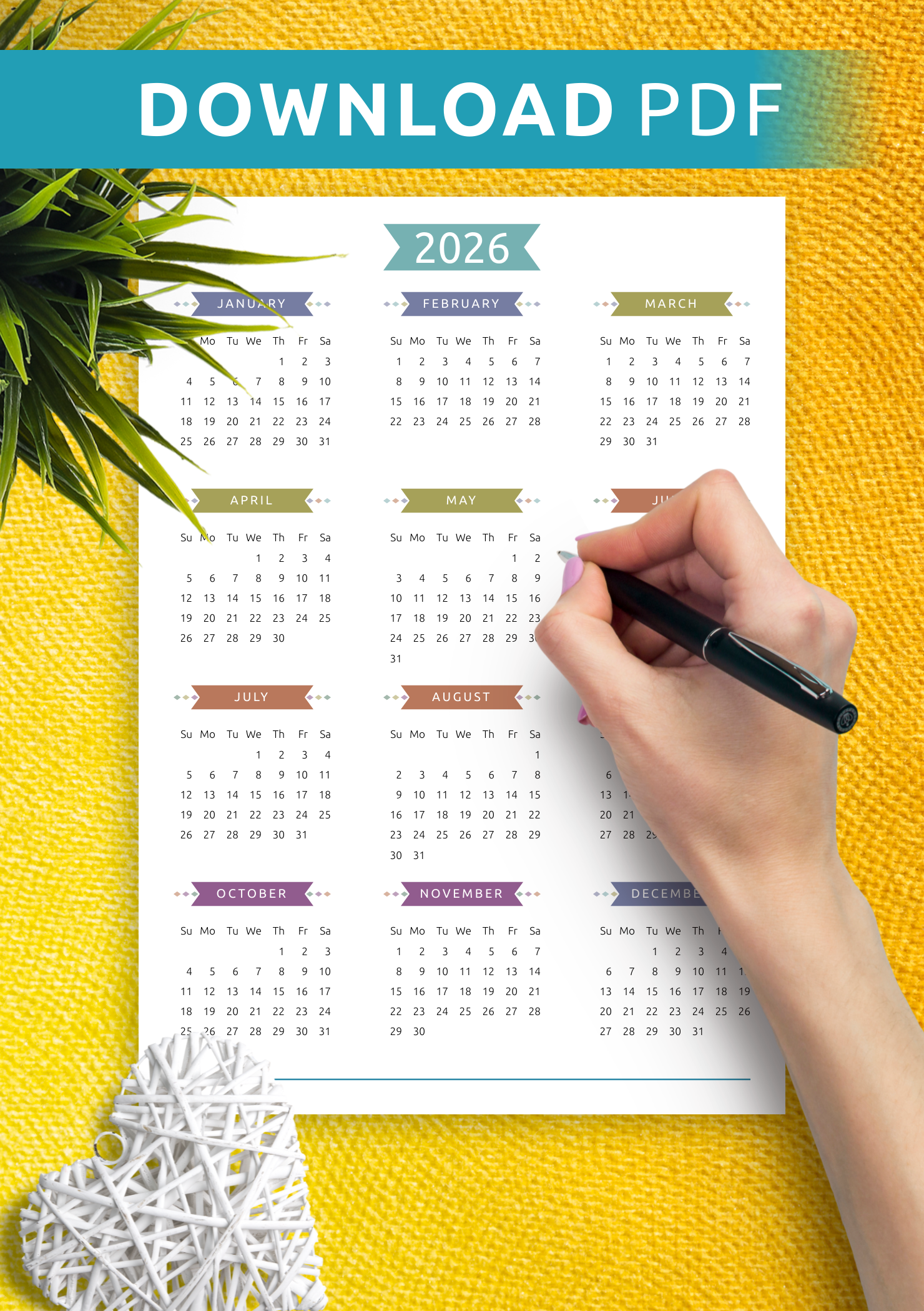 Download Printable Yearly Calendar - Casual Style PDF