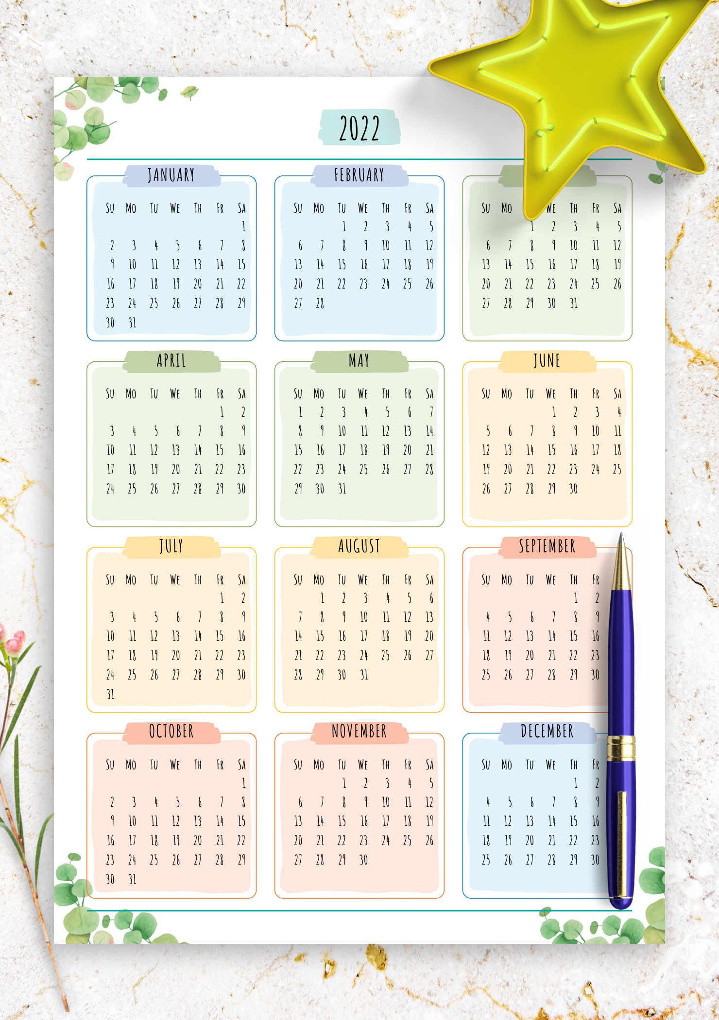 Download Printable Yearly Calendar - Floral Style PDF