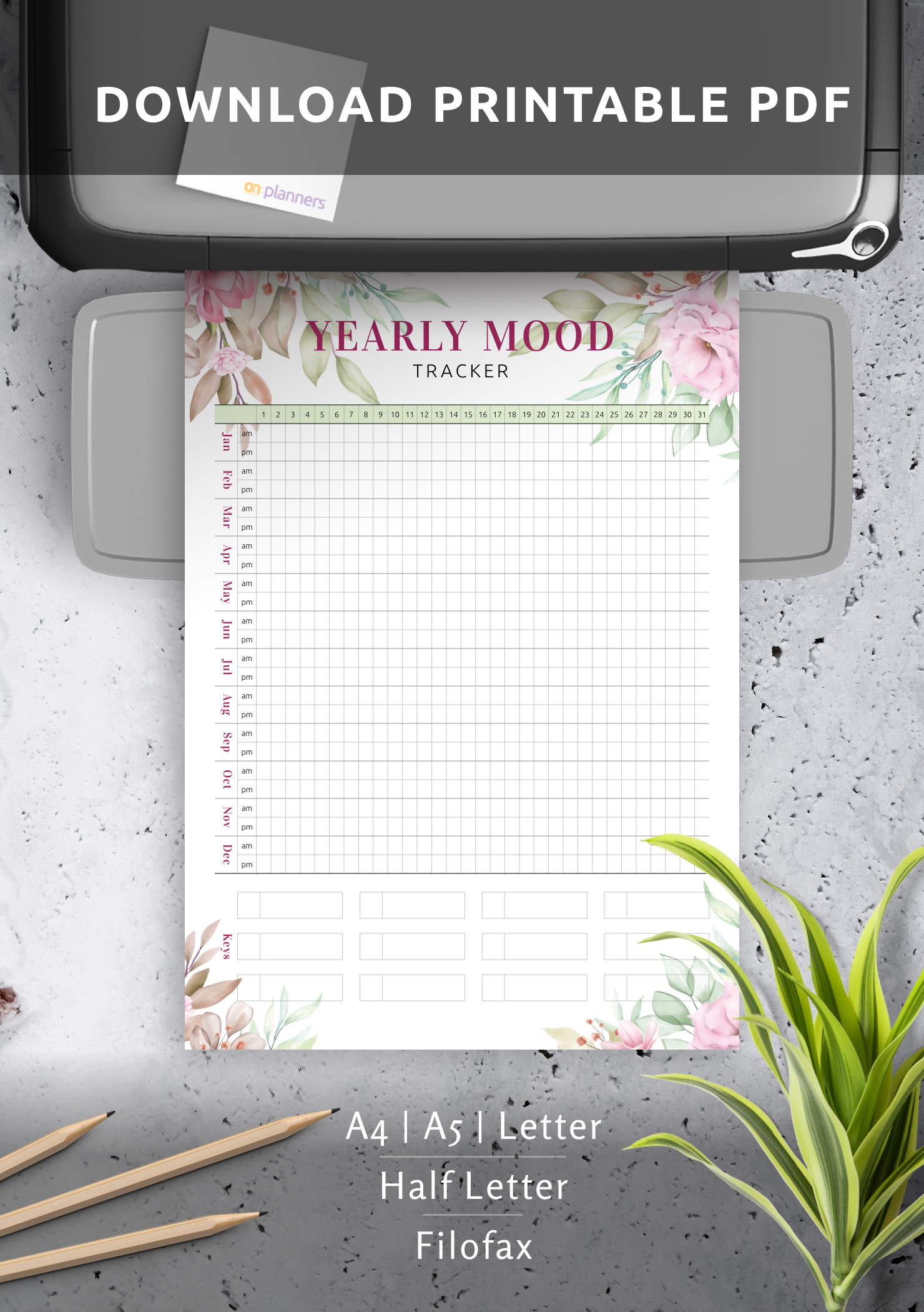 Download Printable Yearly Mood Tracker Template - Floral PDF
