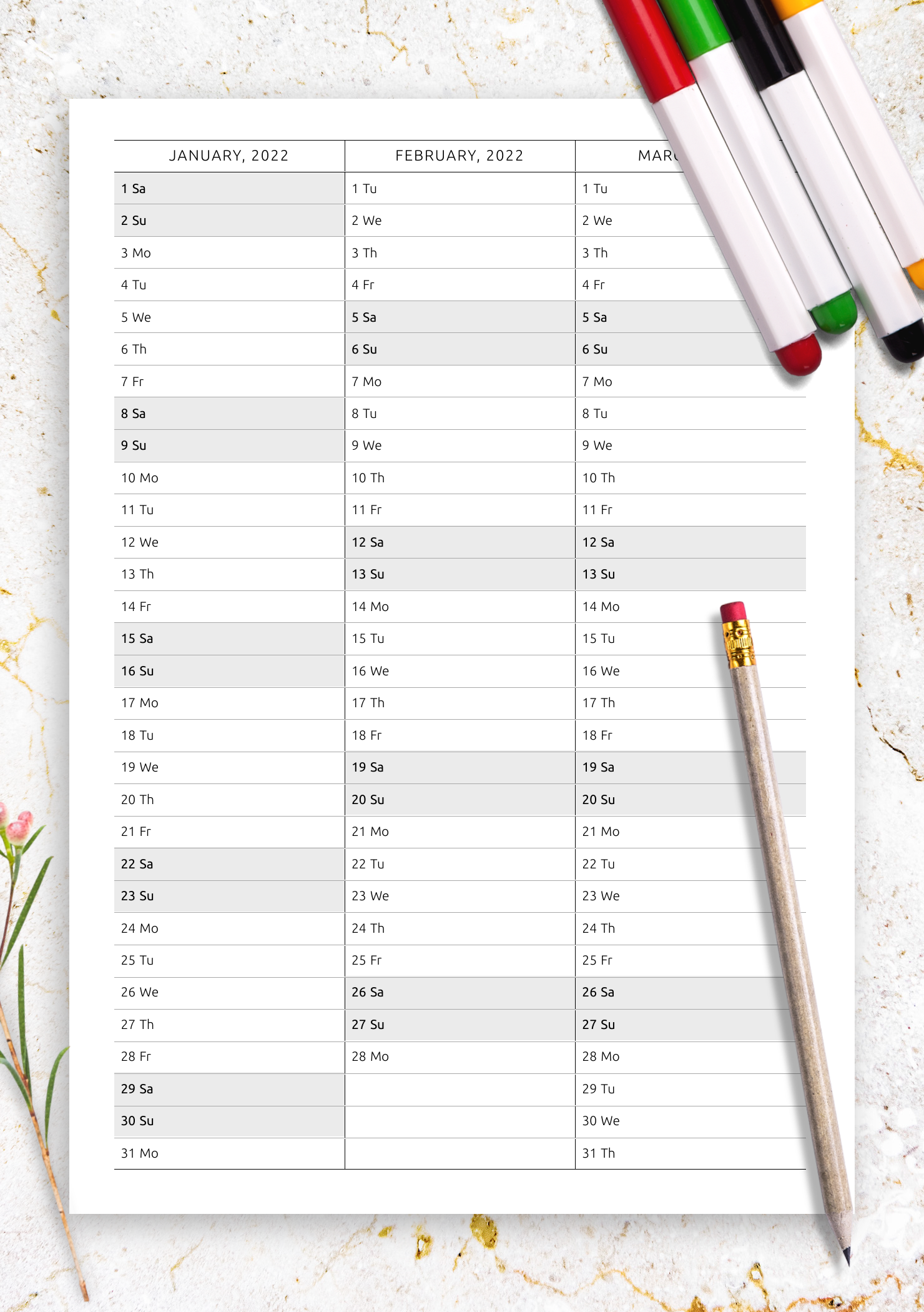 Download Printable Yearly Vertical Calendar on Four Pages PDF