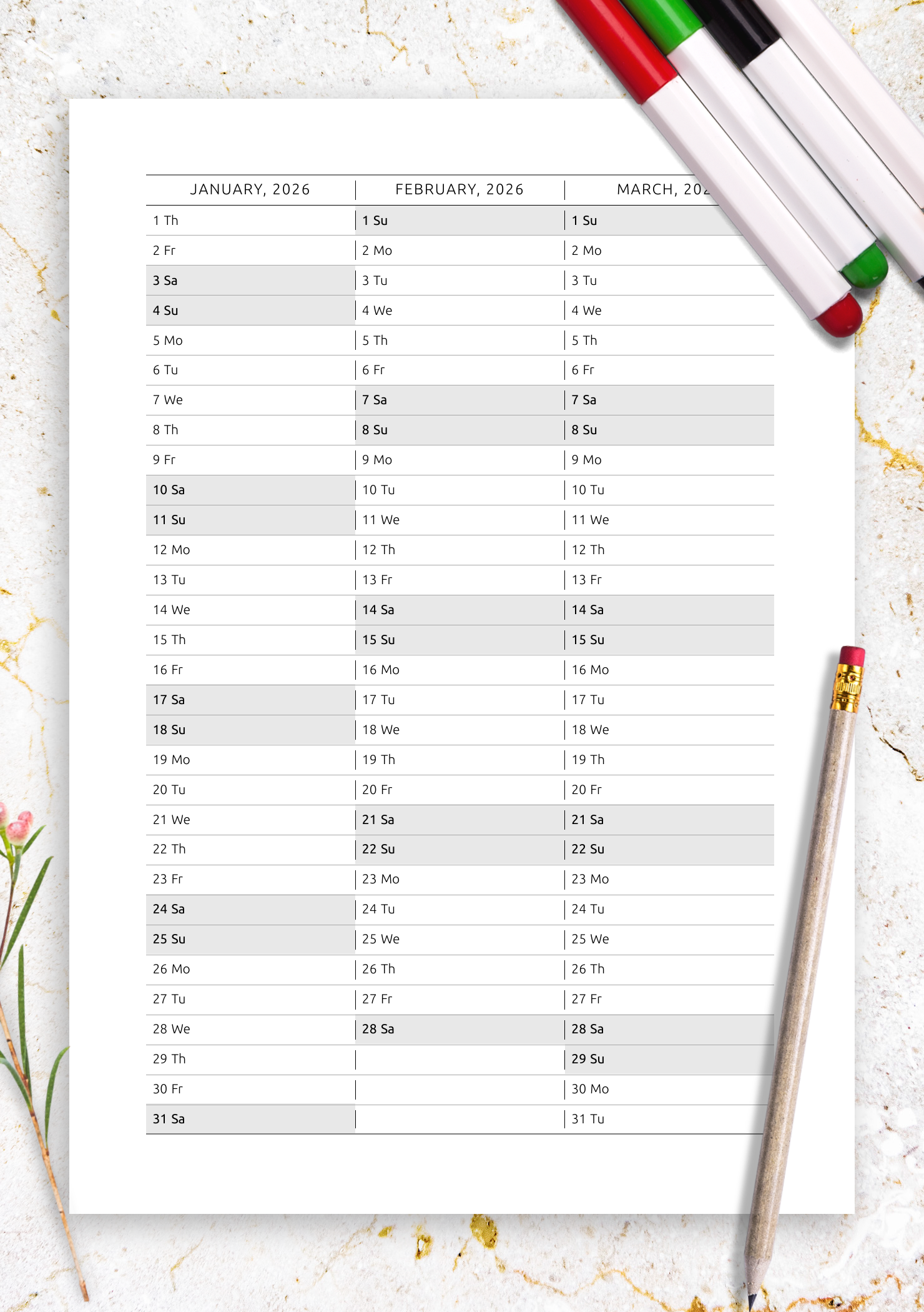 Download Printable Yearly Vertical Calendar on Four Pages PDF